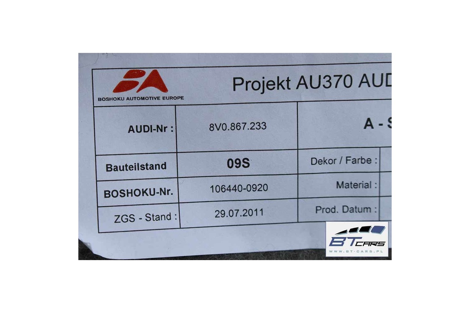 AUDI A3 SŁUPEK A POSZYCIE 8V0867233 8V0867234 8V górne 8V0 867 233 8V0 867 234 SP8 wykończenie ...